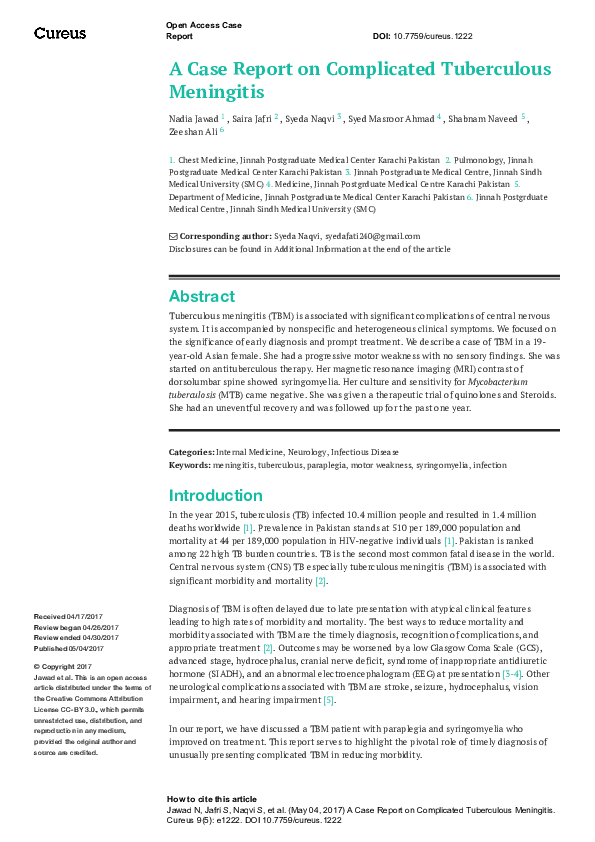 (PDF) A Case Report on Complicated Tuberculous Meningitis