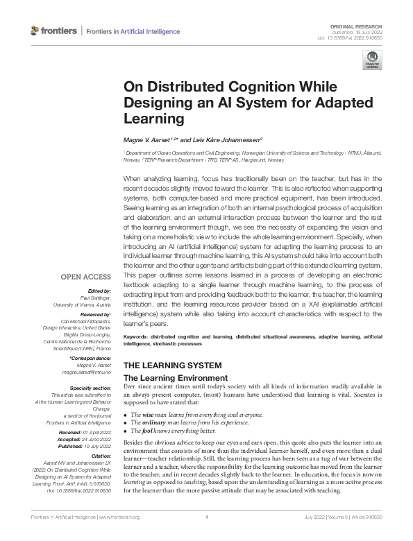 (PDF) On Distributed Cognition While Designing an AI System for Adapted ...