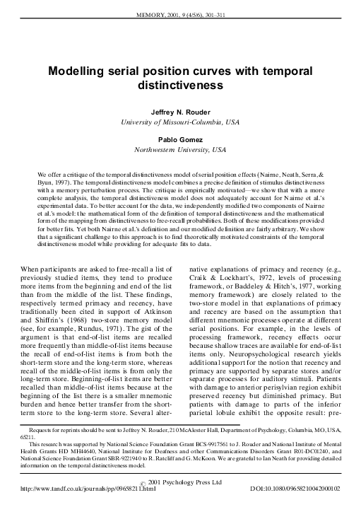 Pdf Modelling Serial Position Curves With Temporal Distinctiveness