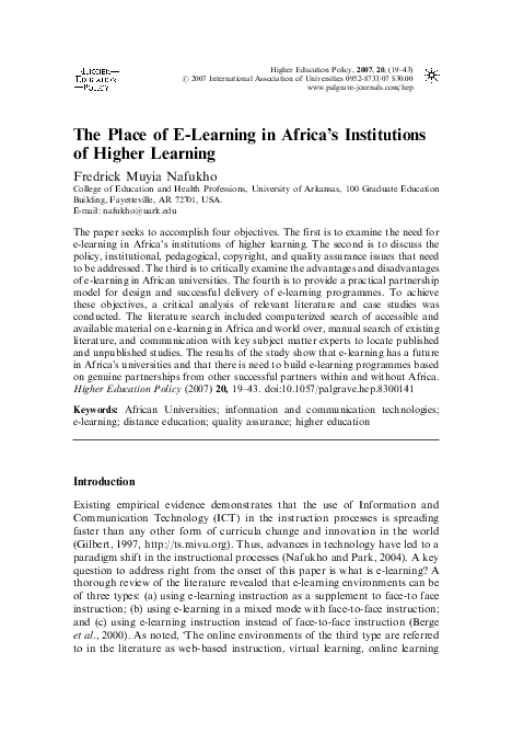 (PDF) The Place of E-Learning in Africa's Institutions of Higher Learning