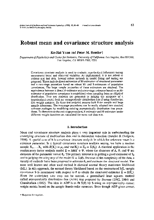 Pdf Robust Mean And Covariance Structure Analysis Ke Hai Yuan