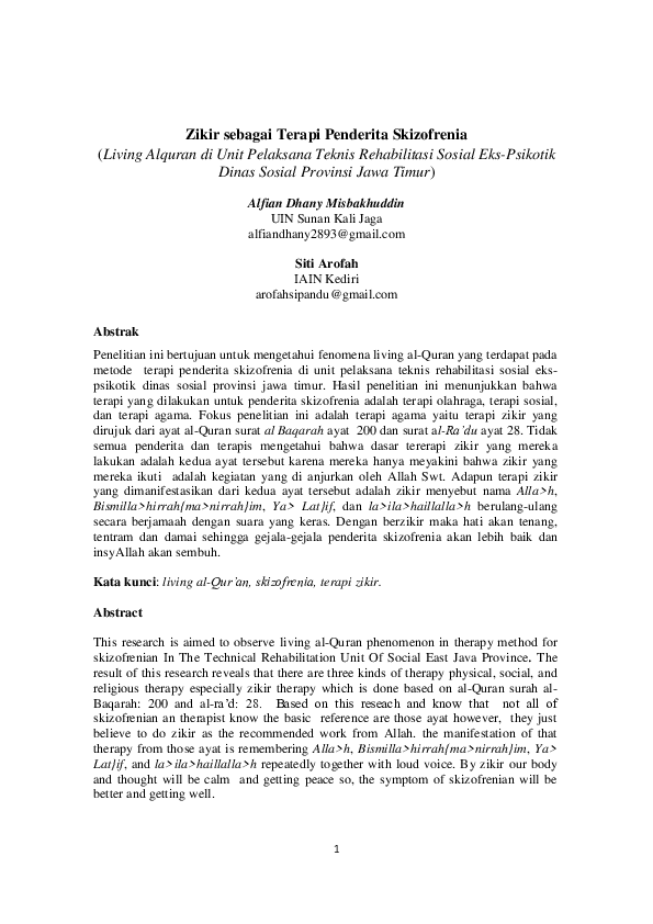 (PDF) Zikir sebagai Terapi Penderita Skizofrenia