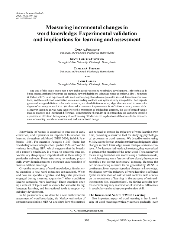 (PDF) Measuring incremental changes in word knowledge: Experimental ...