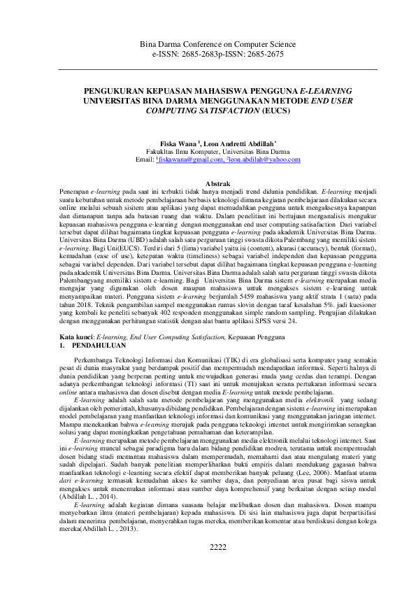 (PDF) Pengukuran Kepuasaan Mahasiswa Pengguna E-Learning Universitas Bina Darma Menggunakan ...