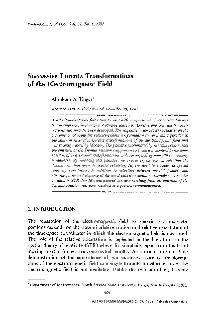 Pdf Successive Lorentz Transformations Of The Electromagnetic Field