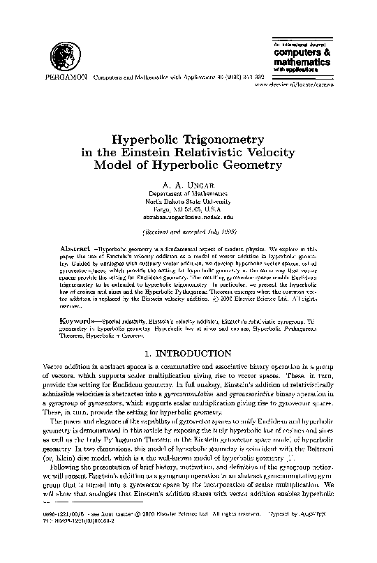 (PDF) Hyperbolic trigonometry in the Einstein relativistic velocity ...
