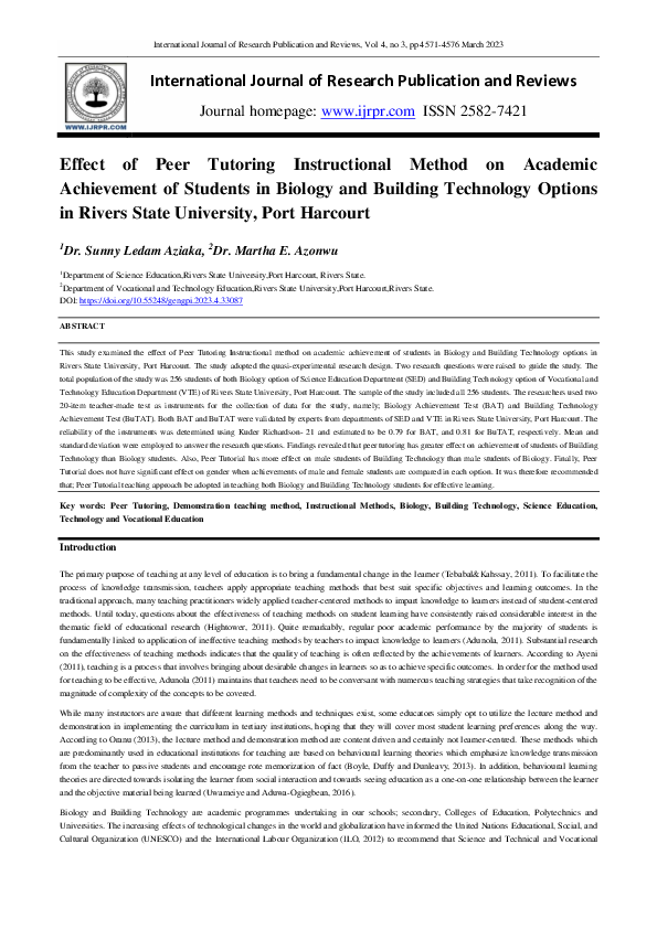 (PDF) Effect of Peer Tutoring Instructional Method on Academic ...