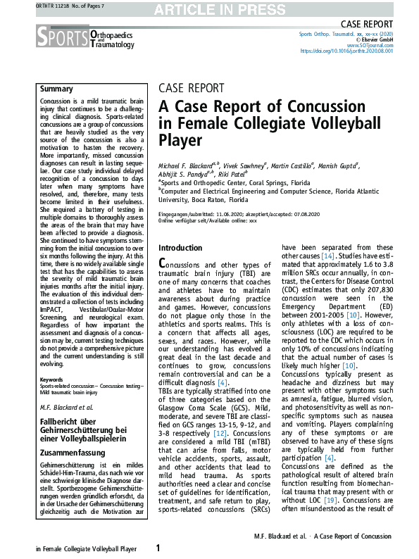 (PDF) A Case Report of Concussion in Female Collegiate Volleyball Player
