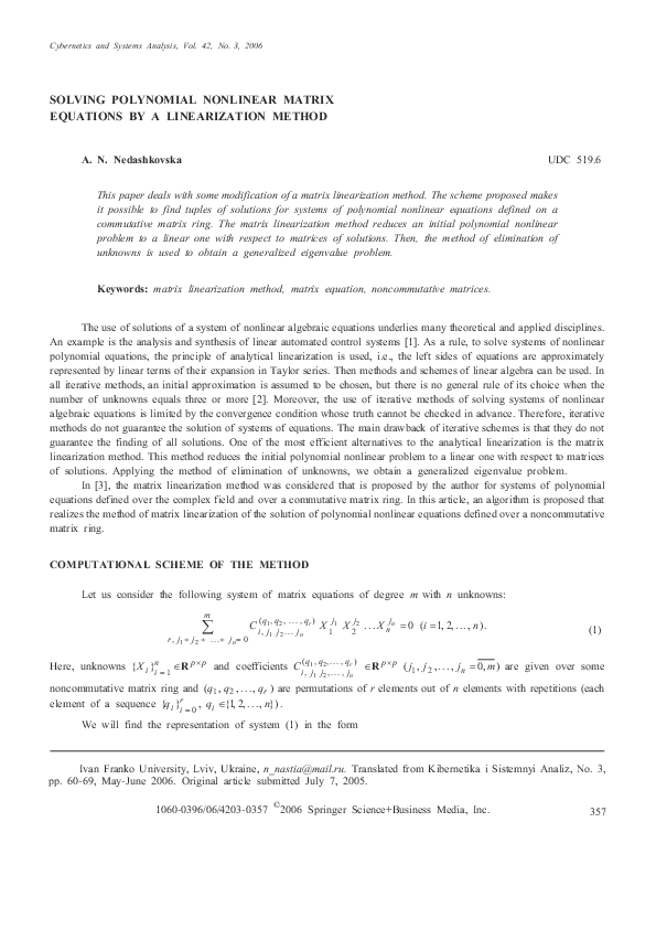(PDF) Solving polynomial nonlinear matrix equations by a linearization ...