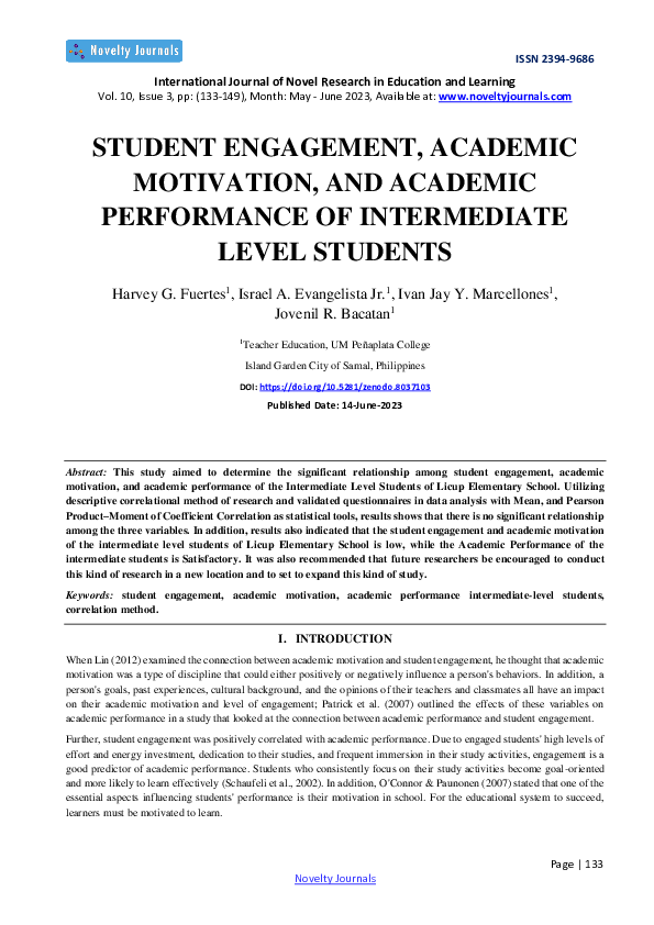 (PDF) Student Engagement, Academic Motivation, and Academic Performance of Intermediate Level ...