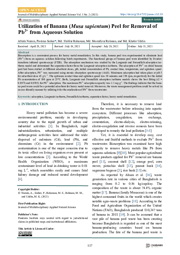 (PDF) Utilization of Banana (Musa sapientum) Peel for Removal of Pb2+ from Aqueous Solution