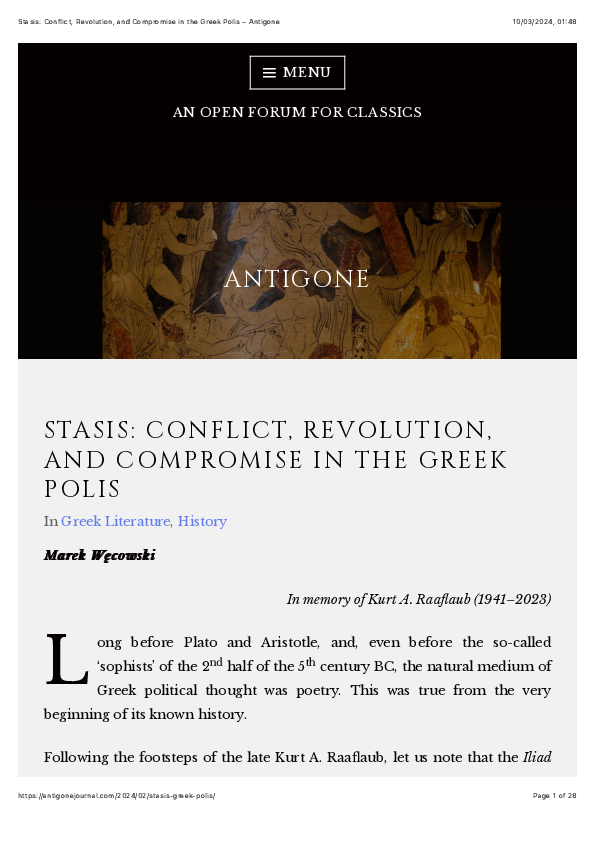 (PDF) Stasis: Conflict, Revolution, and Compromise in the Greek Polis