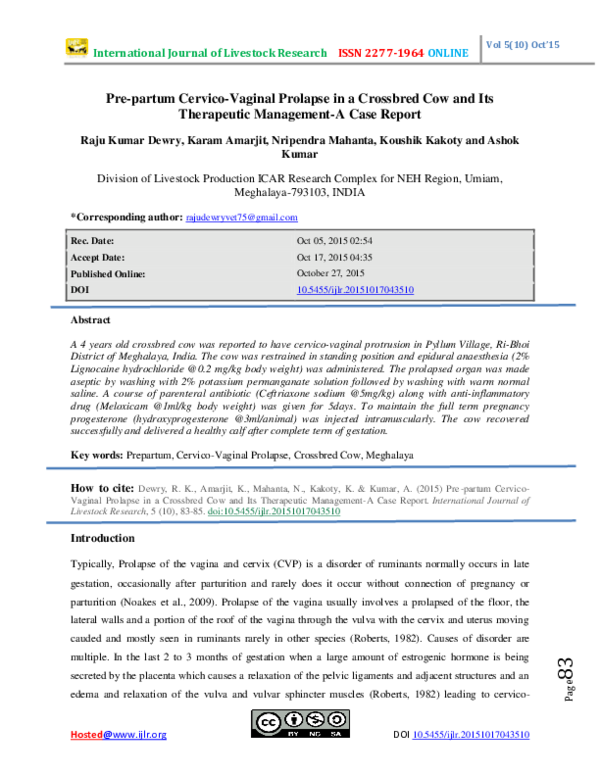(PDF) Prepartum Cervico-Vaginal Prolapse in a Crossbred Cow and its Therapeutic Management-a ...