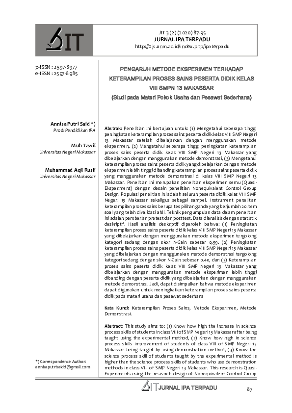 (PDF) PENGARUH METODE EKSPERIMEN TERHADAP KETERAMPILAN PROSES SAINS PESERTA DIDIK KELAS VIII ...
