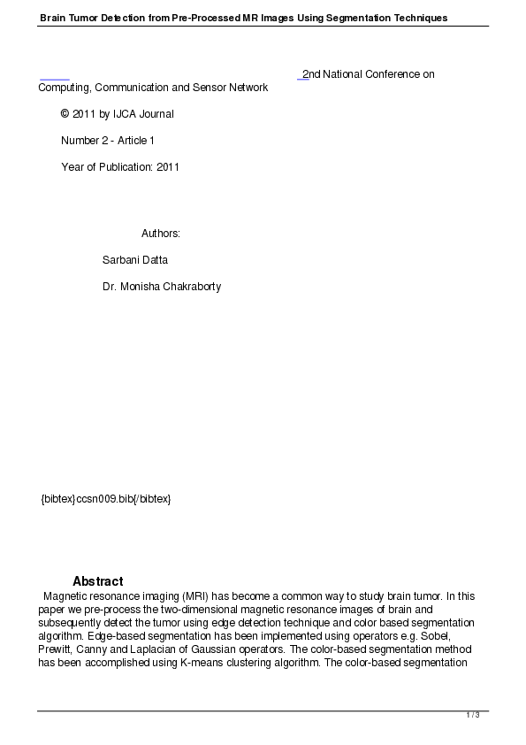 Pdf Brain Tumor Detection From Pre Processed Mr Images Using Segmentation Techniques