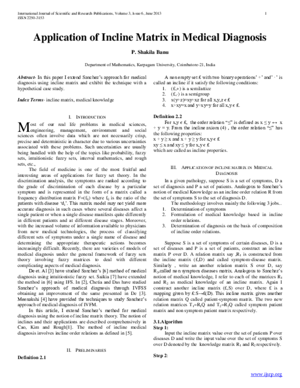 (PDF) Application of Incline Matrix in Medical Diagnosis