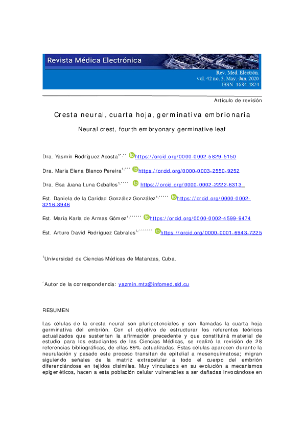 (PDF) Cresta neural, cuarta hoja, germinativa embrionaria