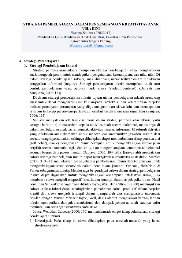 (PDF) STRATEGI PEMBELAJARAN DALAM PENGEMBANGAN KREATIVITAS ANAK USIA DINI