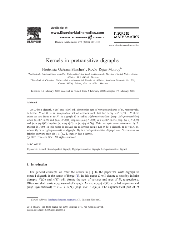 (PDF) Kernels in pretransitive digraphs