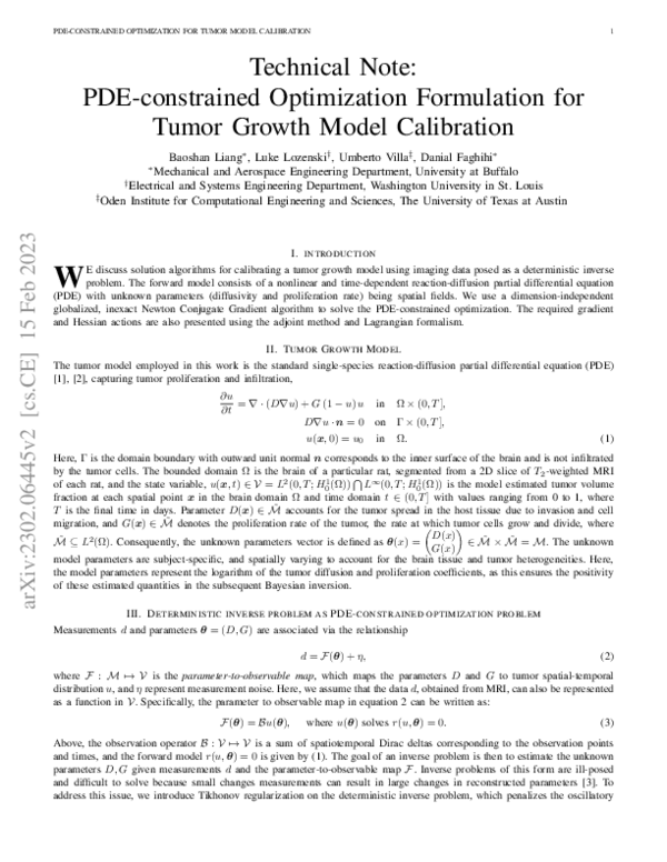 (PDF) Technical Note: PDE-constrained Optimization Formulation for Tumor Growth Model Calibration