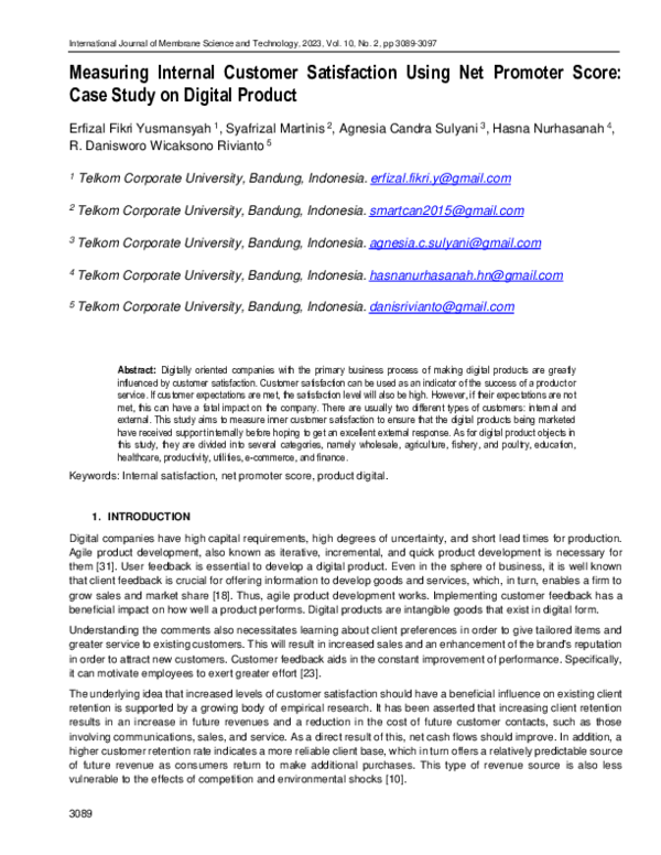 (PDF) Measuring Internal Customer Satisfaction Using Net Promoter Score: Case Study on Digital ...