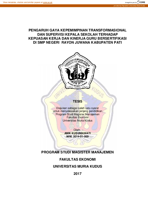(PDF) Pengaruh Gaya Kepemimpinan Transformasional Dan Supervisi Kepala Sekolah Terhadap Kepuasan ...