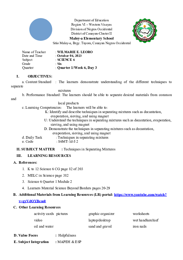 (DOC) FIRST QUARTER CLASSROOM OBSERVATION LESSON PLAN IN SCIENCE 6