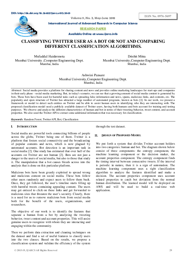 (PDF) Classifying Twitter User as a Bot or Not and Comparing Different Classification Algorithms