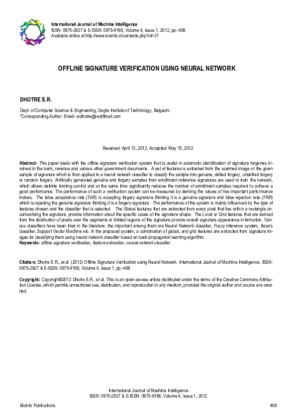 Pdf Offline Signature Verification Using Neural Network