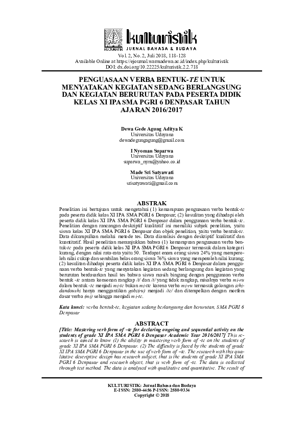 (PDF) Penguasaan Verba Bentuk-Te Untuk Menyatakan Kegiatan Sedang Berlangsung Dan Kegiatan ...