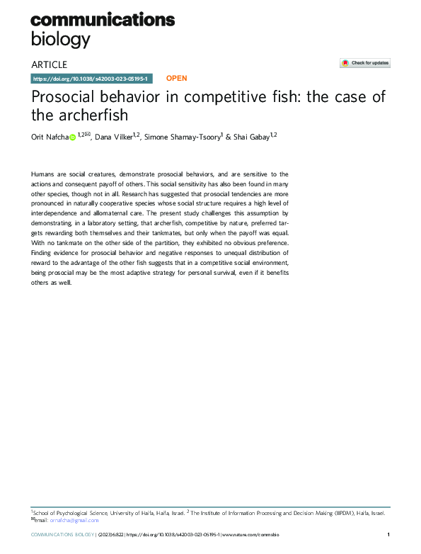 (PDF) Prosocial behavior in competitive fish: the case of the archerfish