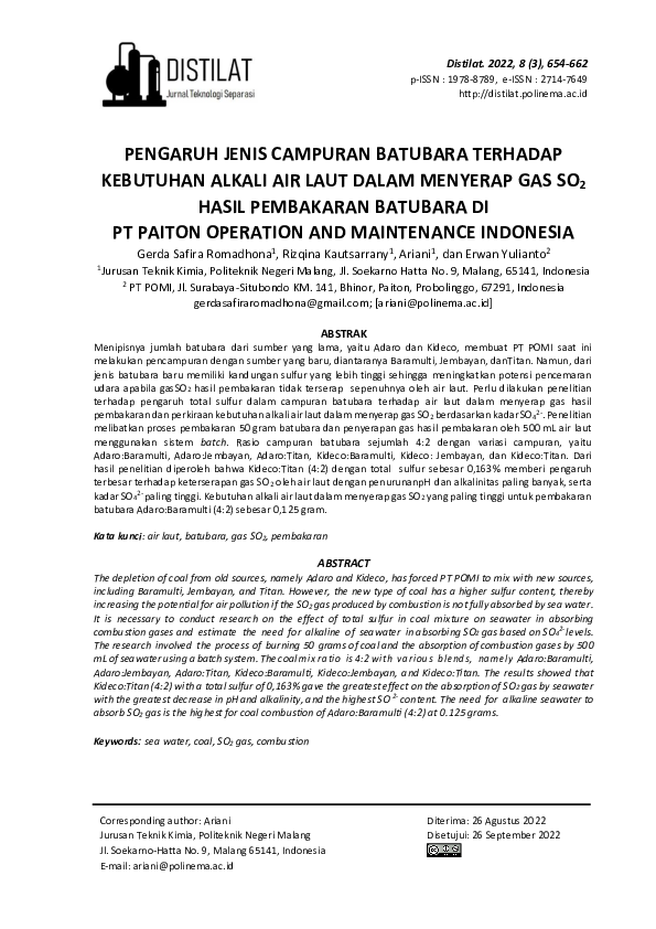 (PDF) Pengaruh Jenis Campuran Batubara Terhadap Kebutuhan Alkali Air Laut Dalam Menyerap Gas SO2 ...
