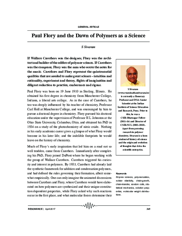 (PDF) Paul Flory and the dawn of polymers as a science