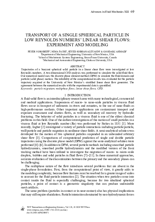 (PDF) Transport of a Single Spherical Particle in Low Reynolds Numbers’ Linear Shear Flows ...