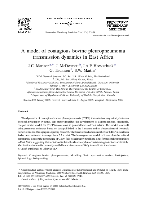 (PDF) A model of contagious bovine pleuropneumonia transmission ...