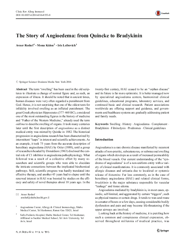 (PDF) The Story of Angioedema: from Quincke to Bradykinin