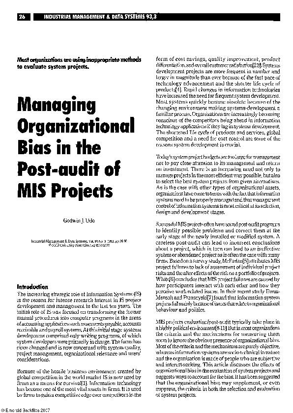 (PDF) Managing Organizational Bias in the Post‐audit of MIS Projects