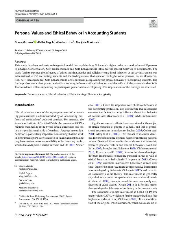 (PDF) Personal Values and Ethical Behavior in Accounting Students