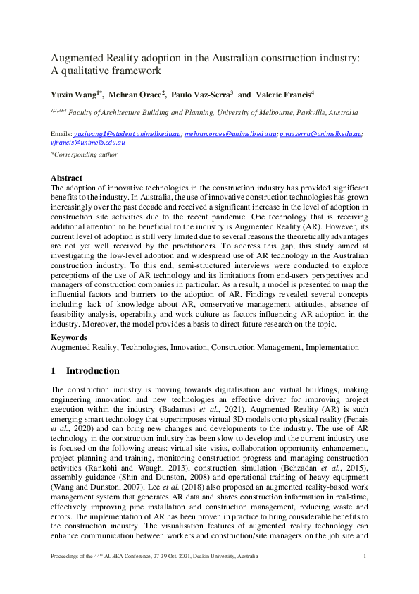 (PDF) Augmented Reality adoption in the Australian construction ...