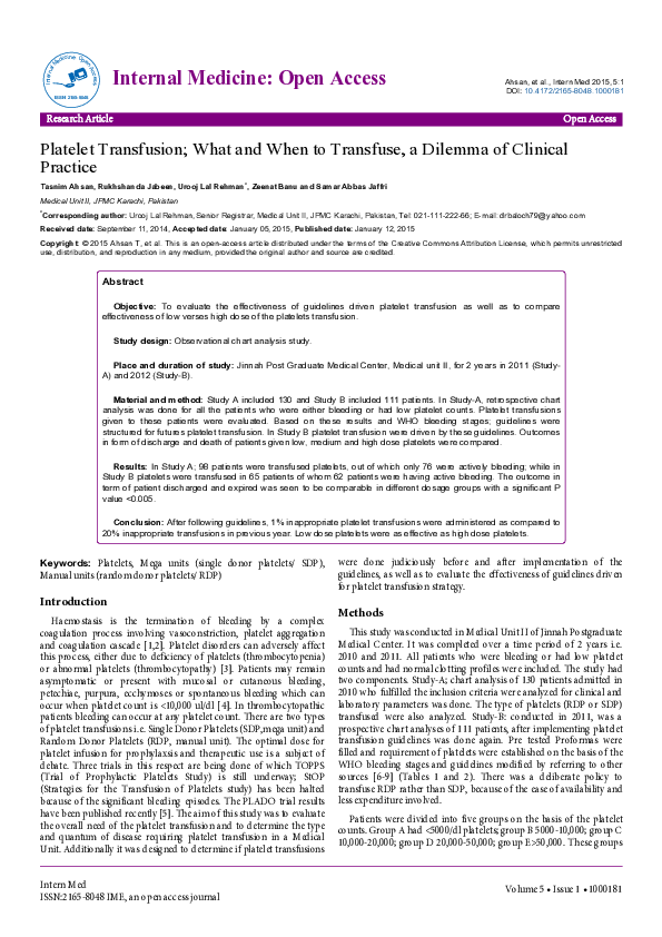 (PDF) Guidelines for Effective Platelet Transfusion: Study Findings