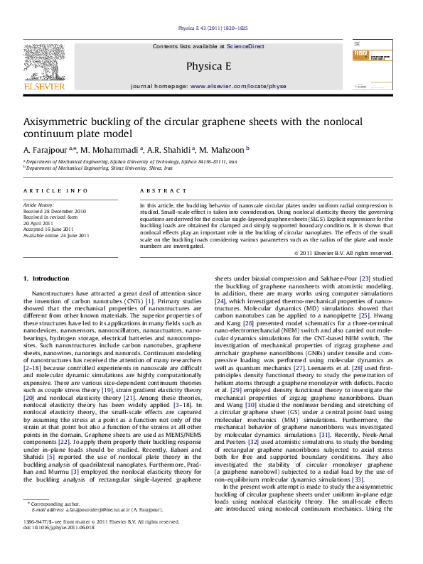 (PDF) Axisymmetric buckling of the circular graphene sheets with the nonlocal continuum plate model