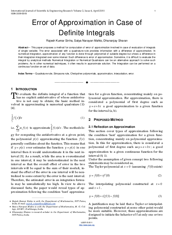 (PDF) Error of Approximation in Case of Definite Integrals