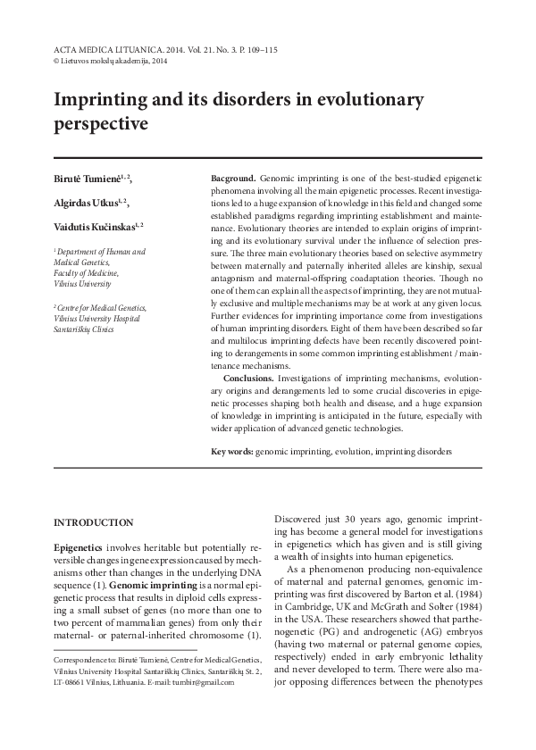 (PDF) Imprinting and its disorders in evolutionary perspective