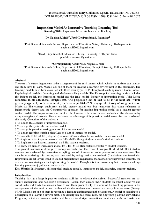 (PDF) Impression Model As Innovative Teaching-Learning Tool. Running ...