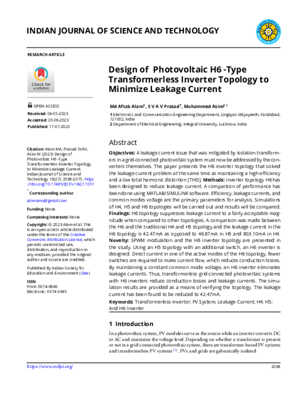 Design Of Photovoltaic H6 Type Transformerless Inverter Topology To Minimize Leakage Current