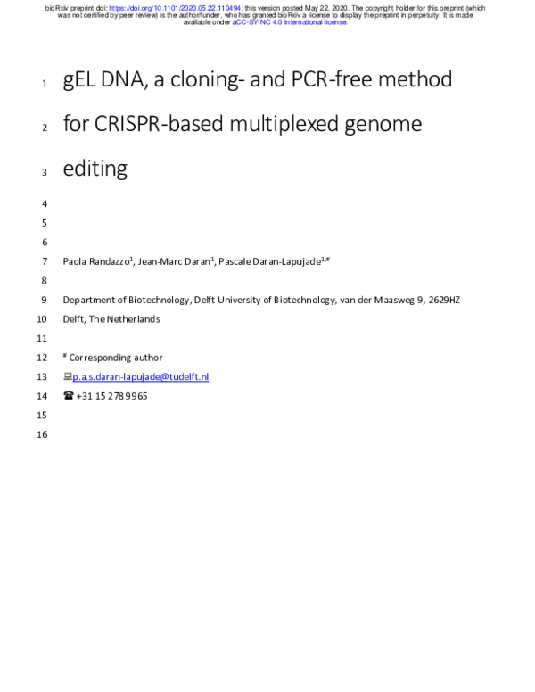 (PDF) gEL DNA: A PCR-free Technique for Multiplex CRISPR in Yeast