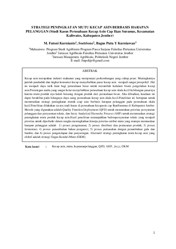 (PDF) STRATEGI PENINGKATAN MUTU KECAP ASIN BERBASIS HARAPAN PELANGGAN (Studi Kasus Perusahaan ...