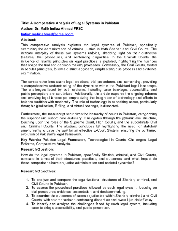 (DOC) Title: A Comparative Analysis of Legal Systems in Pakistan