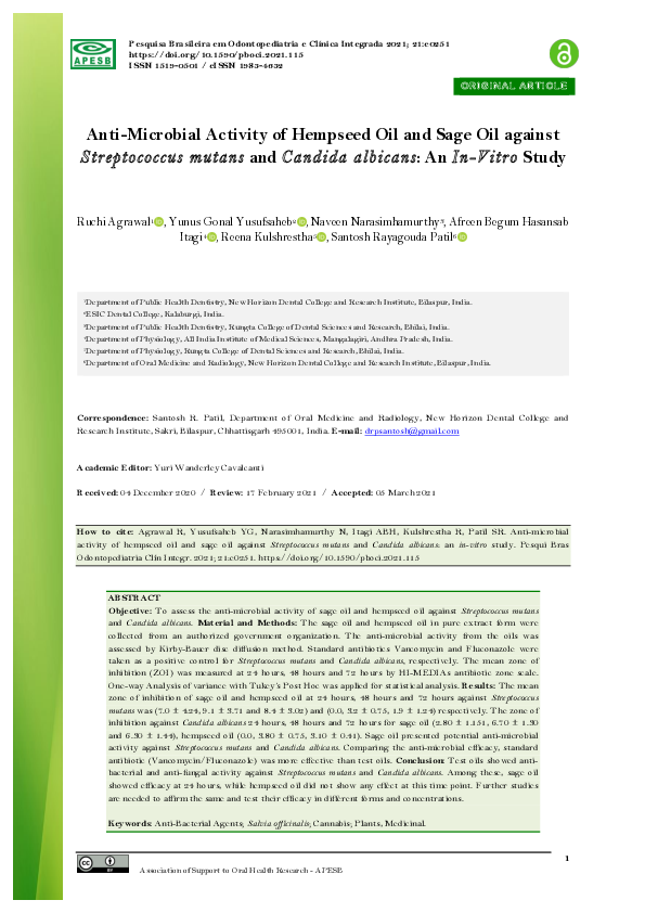 (PDF) Anti-Microbial Activity of Hempseed Oil and Sage Oil against Streptococcus mutans and ...