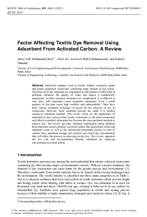 (PDF) Factor Affecting Textile Dye Removal Using Adsorbent From ...